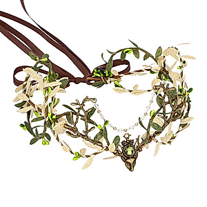 MOSTORY Handmade Forest Leaf Crown - ELf Woodland Hadpiece Fairy Green Branch Tiara Elven Vine Circlet with Rhinestone Tassel for Renaissance Party Cosplay Halloween Photo Prop