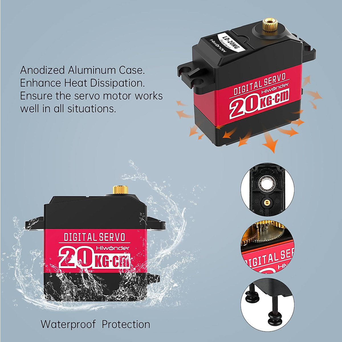 20KG RC Servo High Torque Servo Motors, Waterproof Full Metal Gear Steering Servo for 1/6 1/8 1/10 1/12 RC Car Robot DIY, Digital Servo with 25T Servo Horn, Control Angle 180°