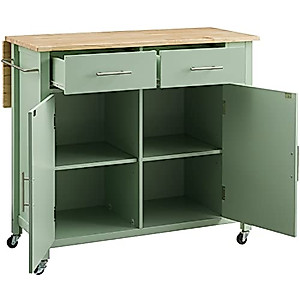 Crosley Furniture Savannah Wood Top Drop Leaf Rolling Kitchen Island Cart with Spice Rack and Shelves, Mint