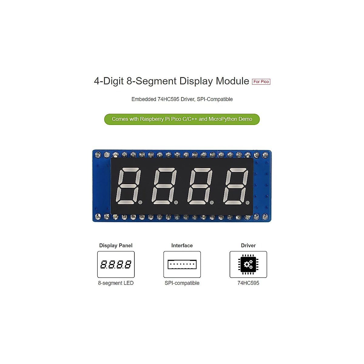 waveshare 4-Digit 8-Segment Display Module for Raspberry Pi Pico Embedded 74HC595 Driver SPI-Compatible Comes with Raspberry Pi Pico C/C++ and MicroPython Demo