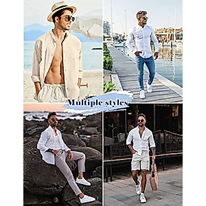 COOFANDY Men's Casual Button Down Long Sleeve Shirt White Linen Shirt Beach Summer Shirts