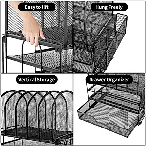 ORDROLL Desk Paper Organizers and Accessories - 4-Tier Paper Letter Tray Organizer with File Holder,Drawer and 2 Pen Holders,Desk Accessories & Workspace Organizers for Office,School,Home (Black)
