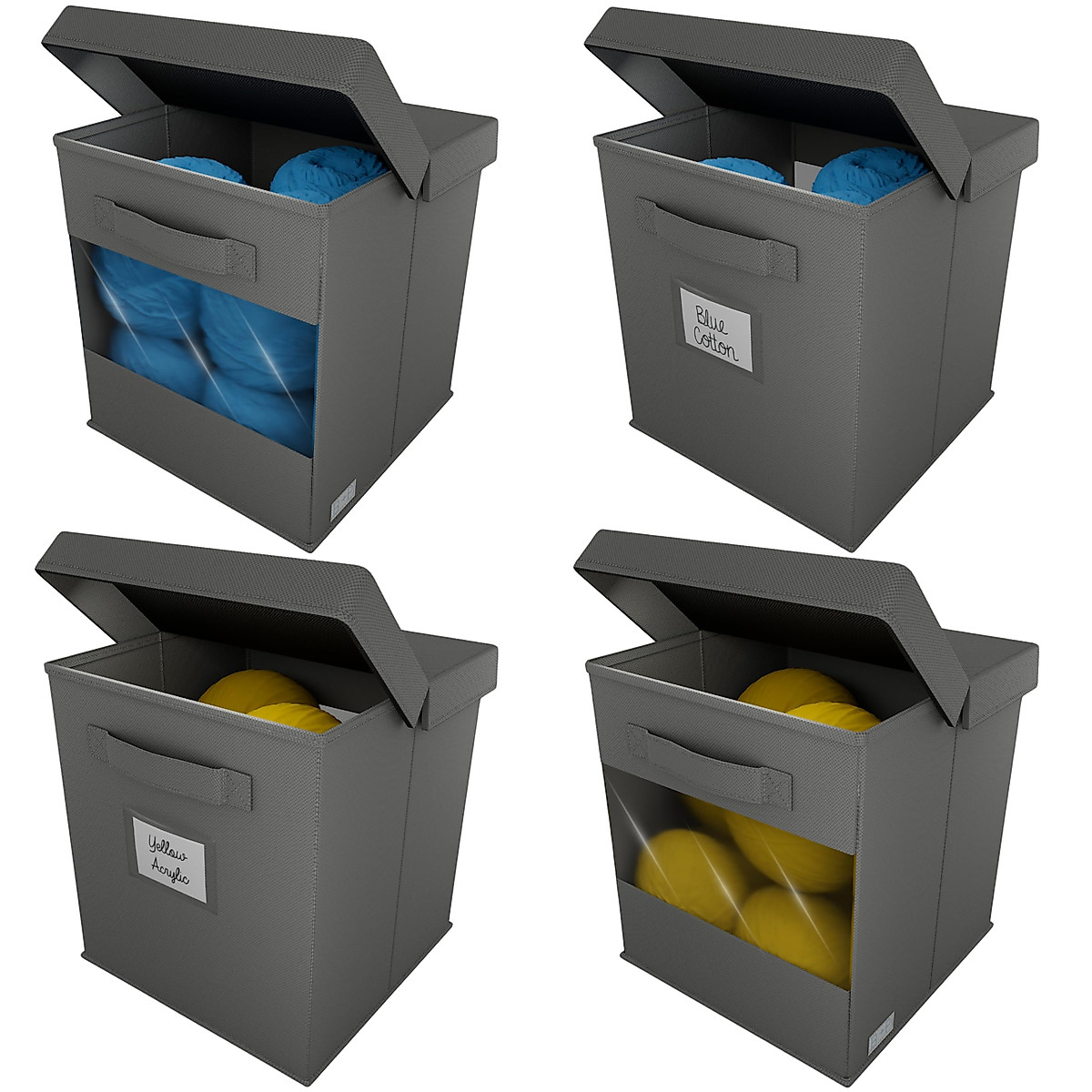 B+P YARNstashr™ 10.5 x 10.5 Yarn Storage Cubes 4-Pack-Cube Organizer Bins with Lid-Sturdy, Reversible and Ideal for Yarn Organization, Crochet Stuff, More! Foldable Fabric Storage Boxes for Crocheters