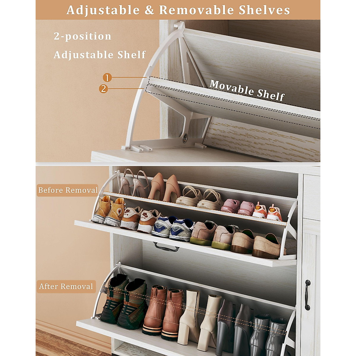 HUAHUU Shoe Cabinet with 2 Flip Drawers & Side Cabinet, Shoes Cabinet with Adjustable Shelves, Shoe Storage Cabinet with Drawer & Mounted Shoe Rack for Entryway, Hallway, Shoe Organizer Cabinet, White