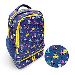 Backpack with Lunch Box for Boys, Cute 15” Boy Backpacks and Integrated Lunch Bag with Water Bottle Pocket Holder, Insulated Padded Travel Bags Boxes for Elementary School Kids, Blue Yellow Trucks