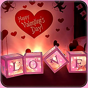 56 Pieces Valentine's Day Transparent Love Box Decorations with Balloon LED Light Letters for Valentine's Day, Wedding Party, Bridal Shower, Birthday Party Reveal Backdrop (Pink)