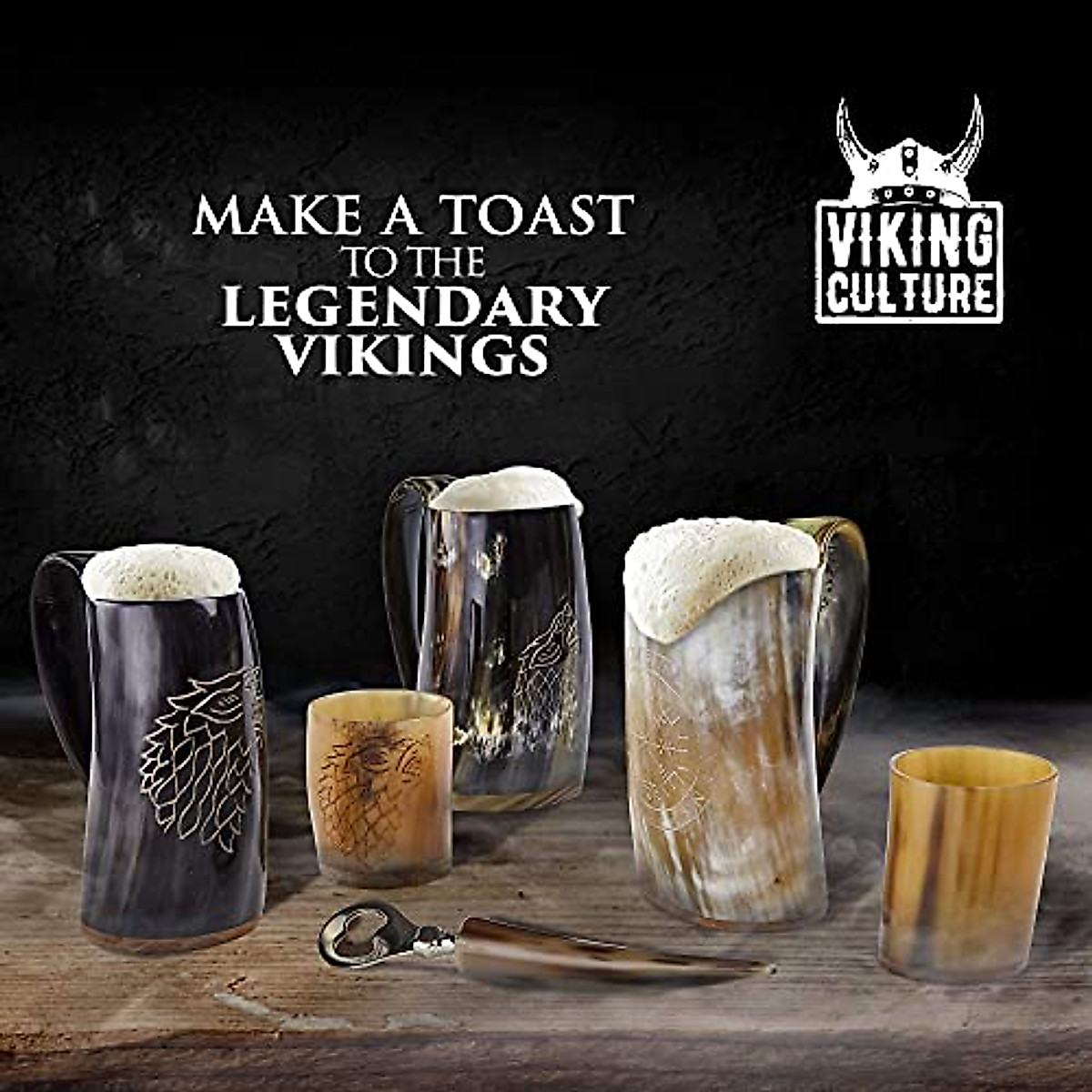 Viking Culture Ox Horn Mug, Shot Glass, and Bottle Opener (3 Pc. Set) Authentic 16-oz. Ale, Mead, and Beer Tankard | Vintage Stein with Handle | Custom Intricate Design - Natural Finish | Wolf/Fenrir