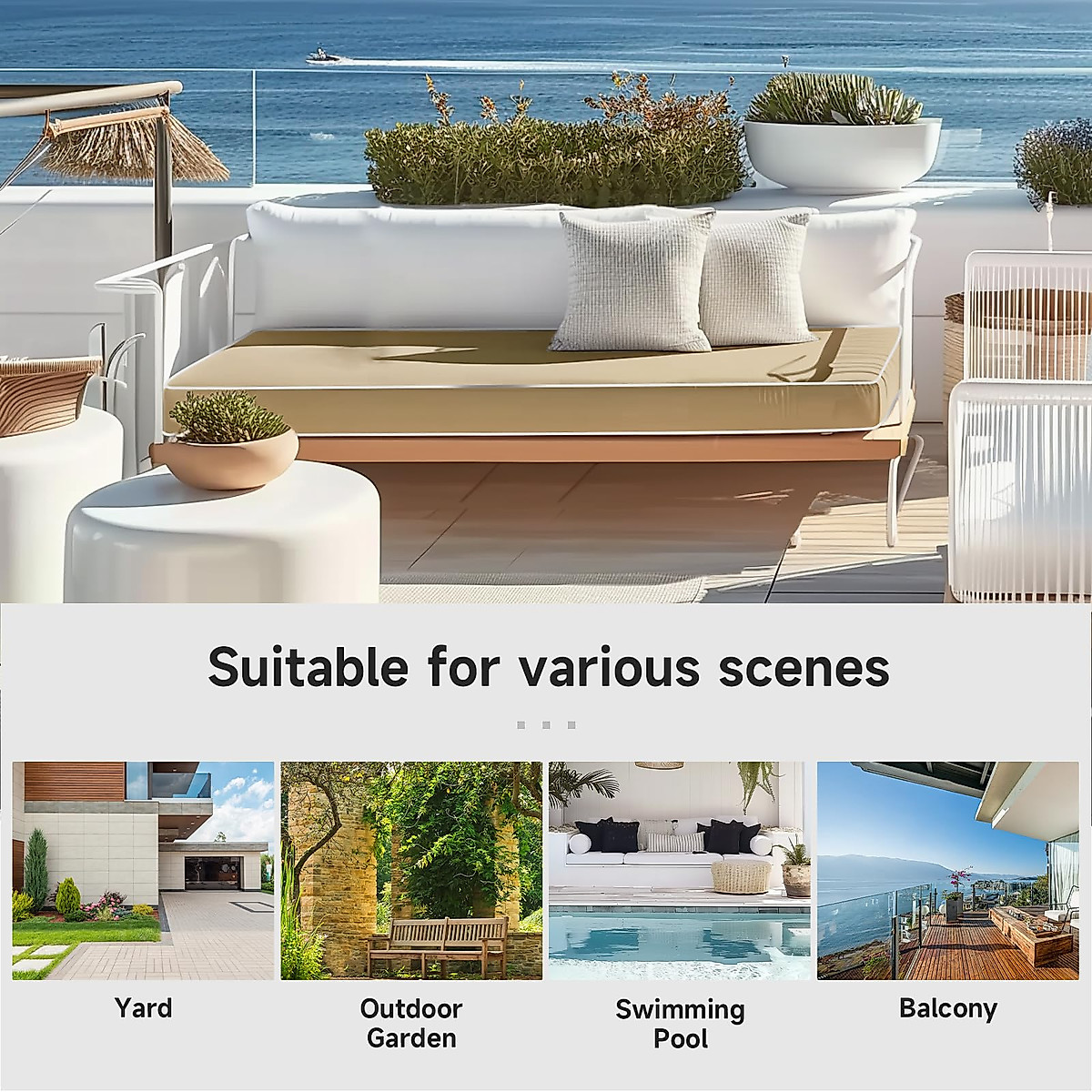 PNP FKJP Outdoor Bench Cushion 48" x 18" x 3", Waterproof Patio Furniture Cushions,Outdoor Porch Swing Cushion,Khaki (Cushion + Cover)