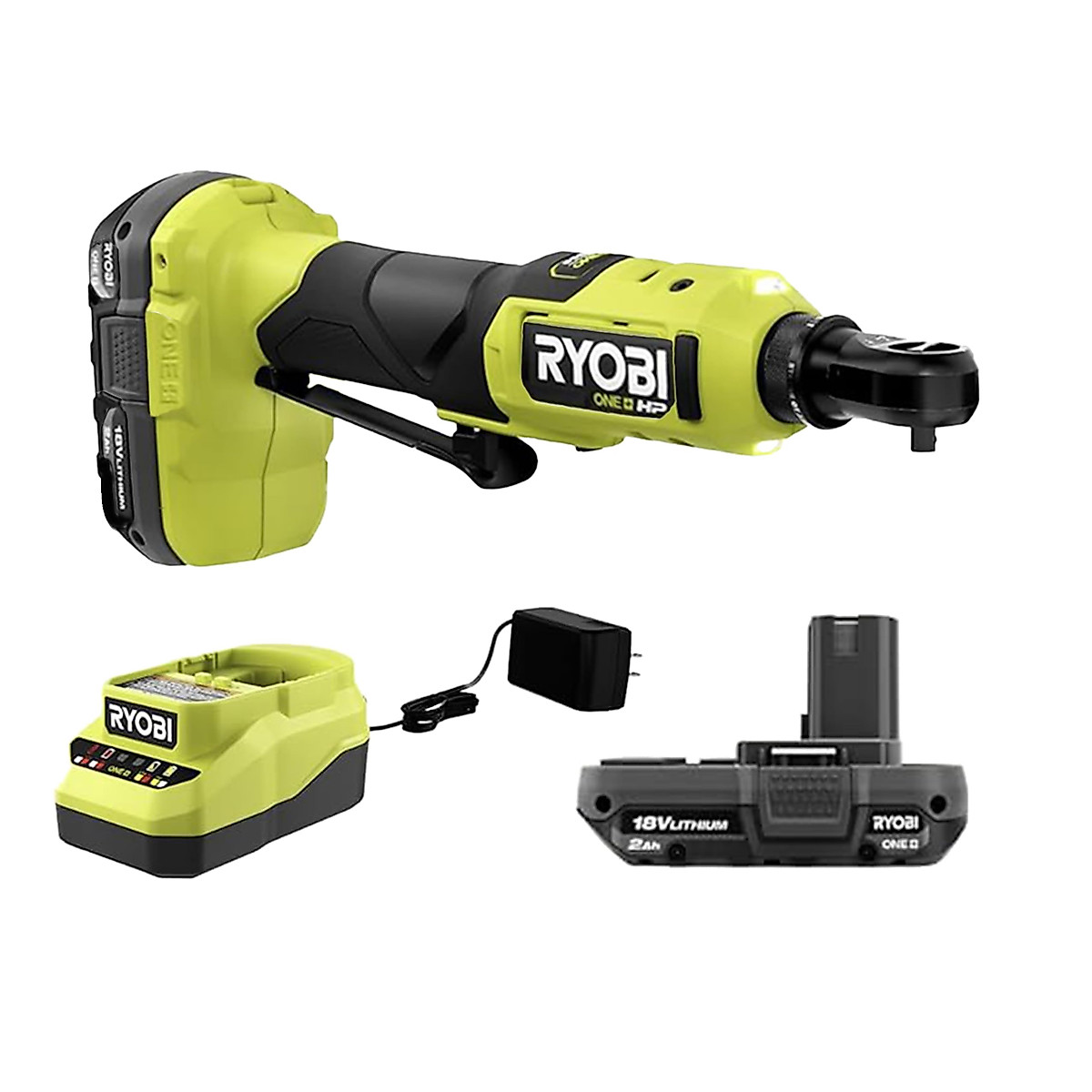 Ryobi One+ HP 18V 1/4" Brushless Cordless Compact Electric Ratchet Kit with 2.0Ah Lithium Battery and Charger, 4-Position Rotating Head, and Up to 460 RPM