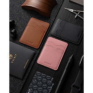 VULKIT Phone Card Holder Slim Leather Adhesive Pocket RFID Blocking Credit Card Sleeves Sticker for Back of Smartphone(Brown)