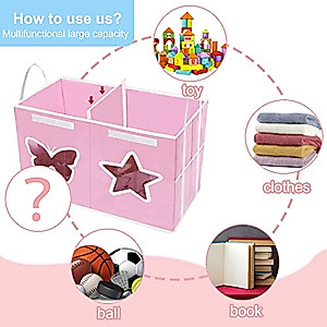 Toy Box for Girls-Large Toy Chest Organizers and Storage with Star Butterfly Transparent Windows,Double Flip-Top Lids,2 Sturdy lengthen Handles and 2 Mesh Bags for Kids,Boys,Nursery,Play Room(Pink)