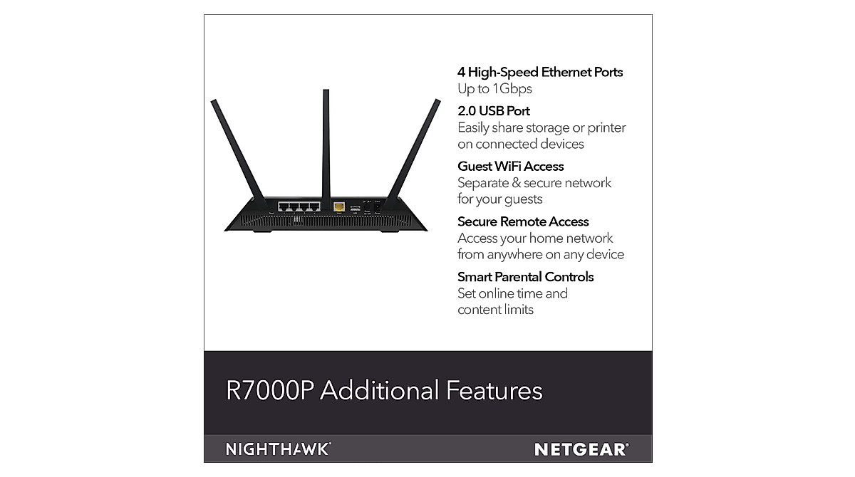 NetGear R7000P-100NAR Nighthawk AC2300 WiFi Router - Fast, Secure, Reliable