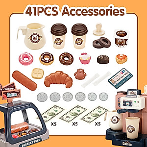 Pretend Role Play Toy Kids Coffee Maker Playset, ACROFEK Toy Coffee Maker with Sound Light, Play Coffee Maker Set for Kids with Fake Donuts (41PCS)