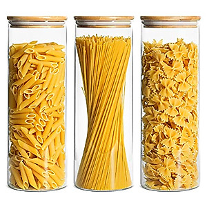 ComSaf Glass Spaghetti Pasta Storage Container with Lids 74oz Set of 3, Tall Clear Airtight Food Storage Jar with Bamboo Cover Kitchen Pantry Storage Container for Noodles Flour Cereal Coffee Beans