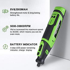 PHALANX 8V Cordless Rotary Tool Kit, 2.0 Ah Battery Rechargeable Rotary Tool with 73pcs Accessories, 5-Speed LED Light, Idea for Sanding, Carving, Polishing, Engraving, Wood Carving, Pet Grooming
