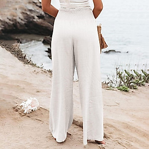 JIELAFIC Linen Pants for Women Wide Leg Elastic High Waisted Palazzo Pants Lounge Yoga Trousers Beach Pants with Pockets (A#White,XL)