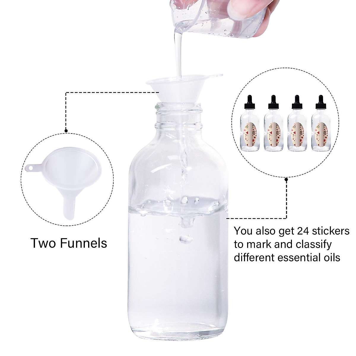 HWASHIN 12 Pack 4oz Clear Glass Bottles with Glass Eye Droppers for Essential Oils, Perfumes & Lab Chemicals (1 Brush, 2 Funnels, 2 Extra Droppers, 24 Pieces Labels & 30ml Measuring Cup Included)
