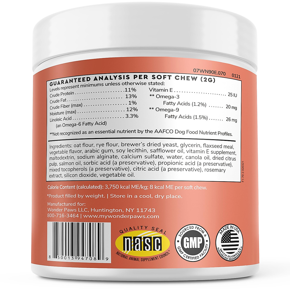 Wonder Paws Skin & Coat Supplement for Dogs with Salmon Oil, Omega 3 & 6, EPA & DHA, Promotes Healthy Skin and Coat, Itchy Relief, Joint and Overall Health, Delicious Flavor, 70 skin & coat Soft Chews