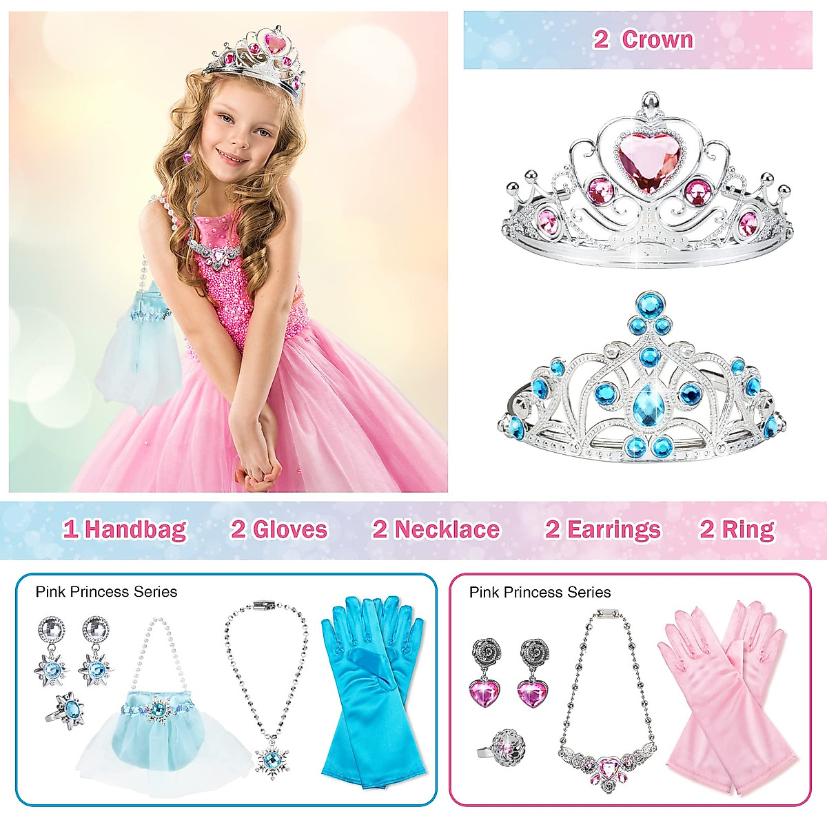 Tomons Princess Toys Dress Up Shoes and Jewelry - 4 Pairs of Heels Shoes and Pretend Play Jewelry Toys Princess Accessories Set for Toddler Girls Beauty Birthday Gifts Aged 3 4 5 6 Years Old
