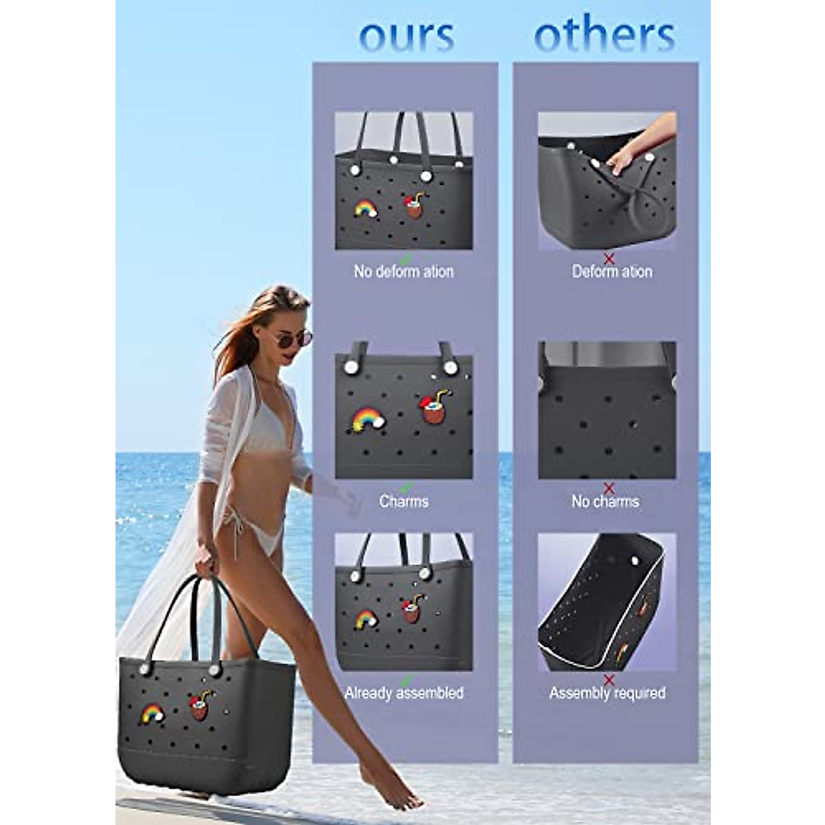 Beach Bag Rubber Tote Bag Waterproof Travel Bags for Women Washable Tote Bag Handbag for Sports Beach Market Pool (Large, Black)