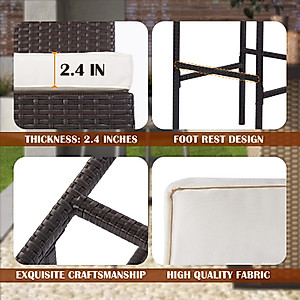 PayLessHere 2 Piece Outdoor Bar Stools 30" Wicker Patio Stools Bar Chairs Height Stools All Weather Patio Furniture with Footrest Khaki Cushion for Outdoor Indoor Pool Lawn Porch Backyard,Brown