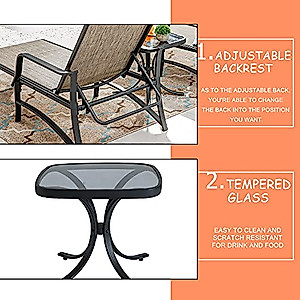 LOKATSE HOME Outdoor Patio Adjustable Metal Chaise Lounge Chair Recliner Set of 2 with 1 Glass Top Bistro Table, Grey