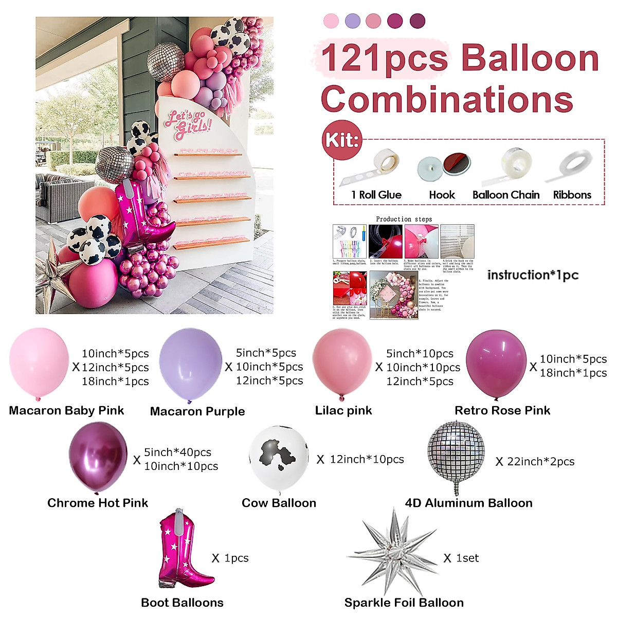 MYDECORBL Cowgirl Balloon Garland Arch Kit,121 Pcs Farm Theme Cow Printed Chrome Hot Pink with Boot Balloons for Baby Shower Graduation Party Wedding Birthday Engagement Party