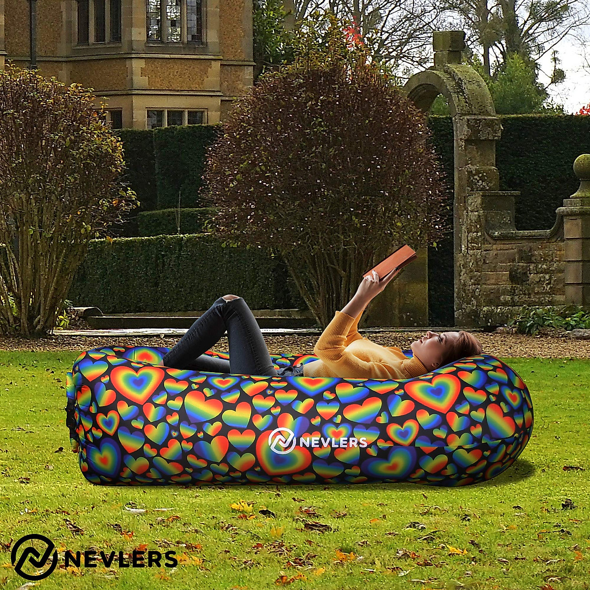 Nevlers Inflatable Lounger Air Sofa - Portable Inflatable Couch for Camping, Outdoor Movie Seating | Easy to Use Air Couch Inflatable Chair Camping Accessories - Rainbow Hearts Design Inflatable Sofa