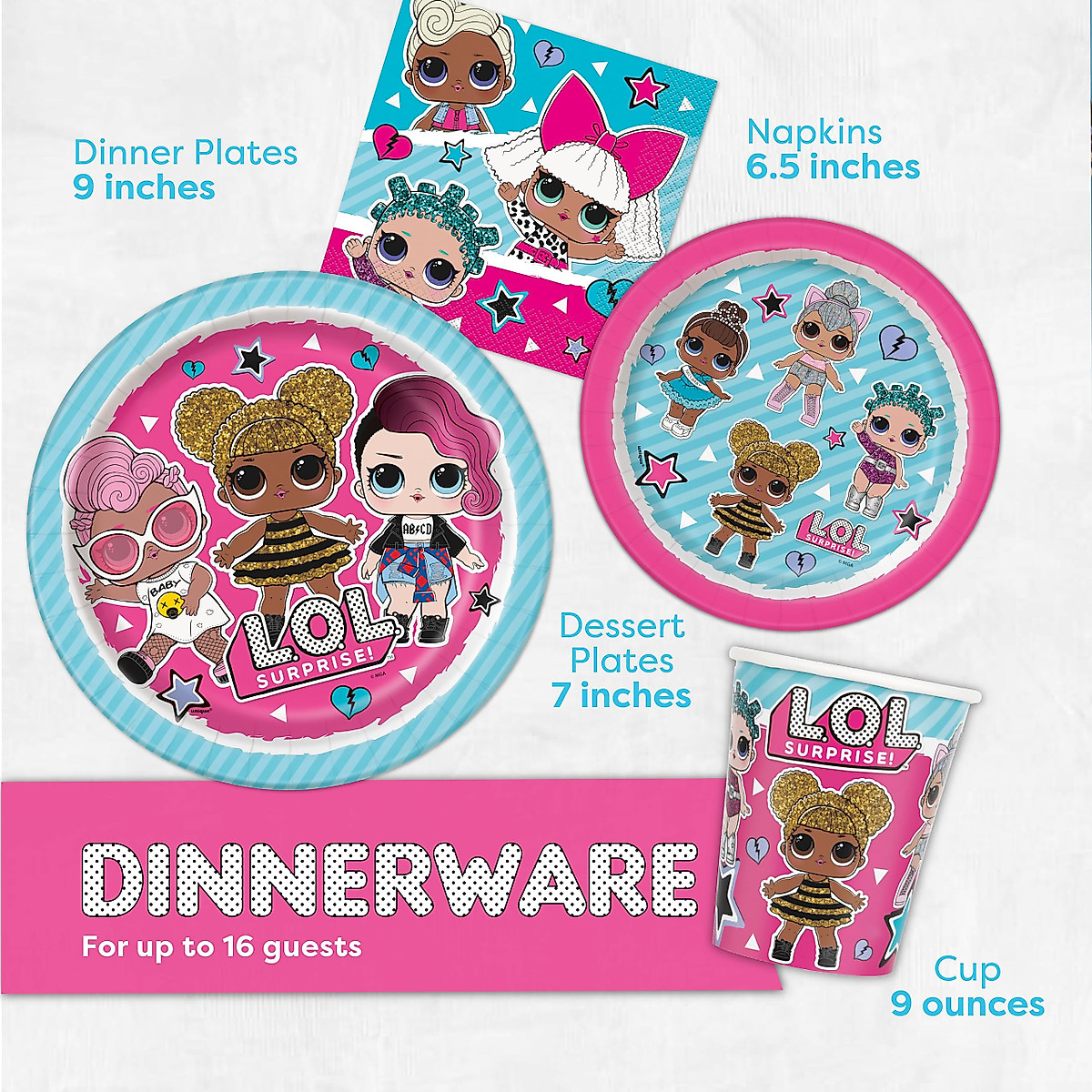 LOL Party Supplies Birthday Decorations | Serves 16 Guests | With Table Cover, Banner, Plates, Napkins, Cups, Button
