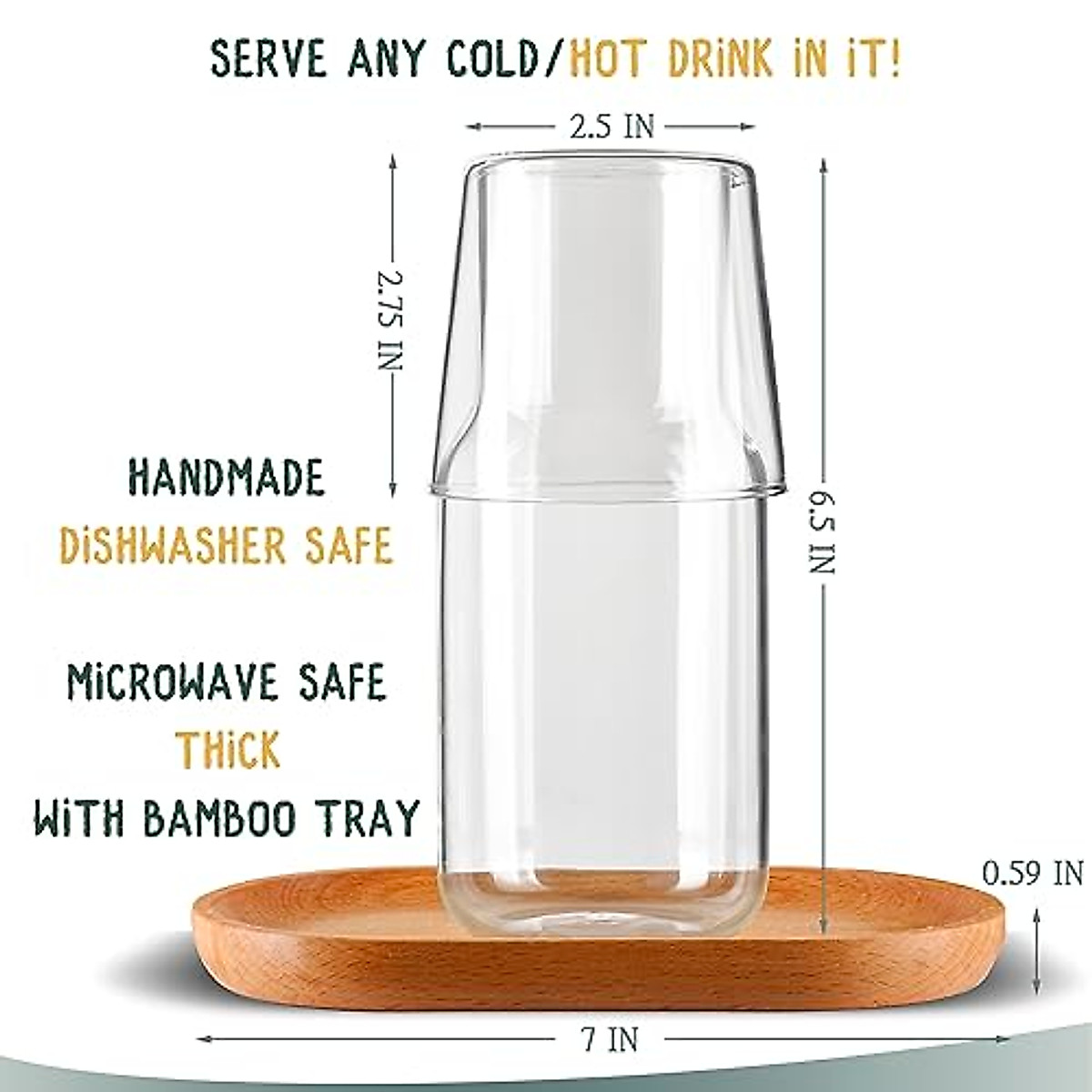 Bedside Water Carafe and Glass Set, 550ml Clear Glass Juice Water Pitcher, Night Water Carafe with Cup Set for Bedroom Nightstand, Wooden Pallet Included