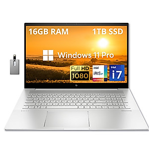 HP Envy 17.3” FHD (1920 x 1080) Laptop, Intel Core i7-1260P, 16GB RAM, 1TB PCIe SSD, Band & Olufsen Audio, HD Webcam, Wi-Fi 6E, Bluetooth, Silver, Windows 11 Pro, 32GB Hotface USB Card (Renewed)