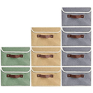 Lucky Monet 2 Pack Linen Fabric Foldable Storage Bin Set Collapsible Storage Box Cube Closet Organizer with Lid & Faux Leather Handle, 10”x8”x7” (Grey)