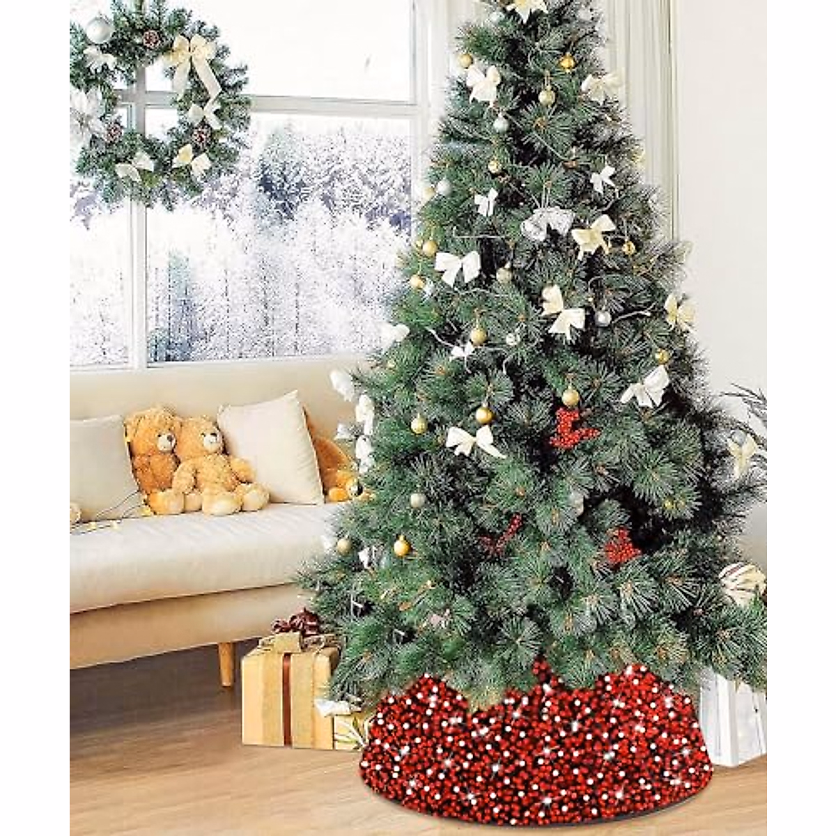 ROMANKAS Christmas Tree Collar Red and Black Glitter Xmas Tree Collar 23.6 Inch Sequins Christmas Tree Skirt Sparkle Tree Base Cover Bling Xmas Tree Ring for Holiday Party Christmas Decoration