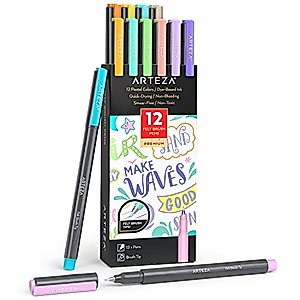 ARTEZA Felt Tip Pens, Set of 12 Pastel Brush Tip Calligraphy Pens for Note Taking, Sketching, Cross-Hatching, and Outlining, Dye-Based Ink, Smear-Free