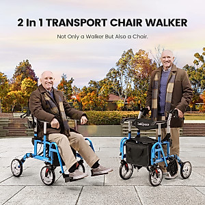 OasisSpace 2 in 1 Rollator Walker with Footrest - Transport Walker Chair with 10 inch Wheels, Walker with Cup Holder for Adult