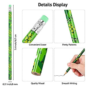 ADXCO 36 Pieces St Patrick's Day Pencils Green Shamrock Pencils with Erasers and Pencil Bucket Irish Pencils for St. Patrick's Party Favors Supplies, School, Classroom, 12 Styles