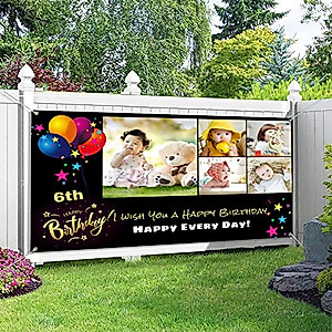 Personalized Birthday Banner for Boys Girls Women Men Kids Adults, Custom Happy Birthday Decorations Photo banners for Parties, Customized Black Backdrop Large Flag 35.5"x59"(about 5x3ft)