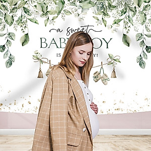 Rsuuinu Baby Shower Backdrop for Boys Greenery A Sweet Baby Boy is On The Way Photography Background Newborn Kids Boy Green Leaves Baby Shower Party Decorations Banner Supplies Photo Booth Props 7x5ft