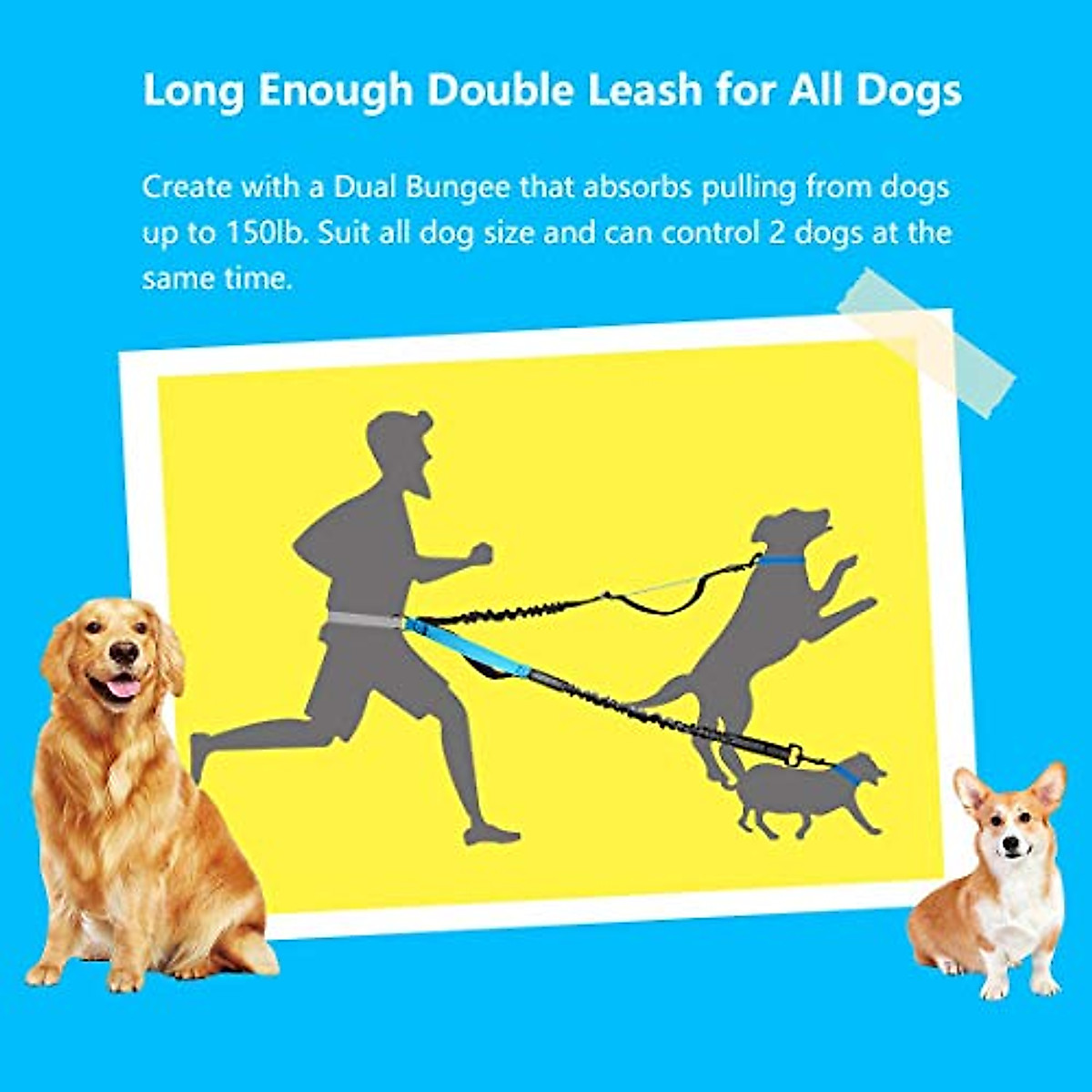 UPPETLY Hands Free Dog Running Leash with Adjustable Waist Belt, Dual Handle Elastic Bungees Retractable Rope for Medium and Large Dogs, Reflective Stitches for Walking Hiking Biking