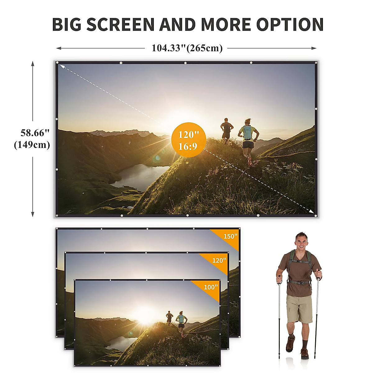 Portable Projector Screen, 120 inch, 16:9, Outdoor Projector Screen, Front and Rear Projection Screen, Foldable, Ironable and Washable, Idea for Home Cinema, Business, Backyard Party, Game.