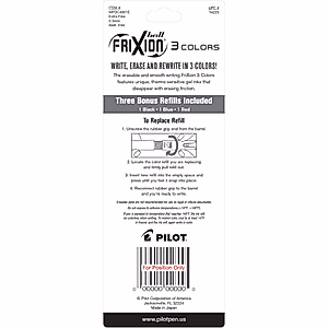PILOT FriXion Ball 3 Erasable Gel Ink Pen, Extra Fine Point (0.5mm), Black/Blue/Red Ink, Single Pen Plus 3 Refills (14225)