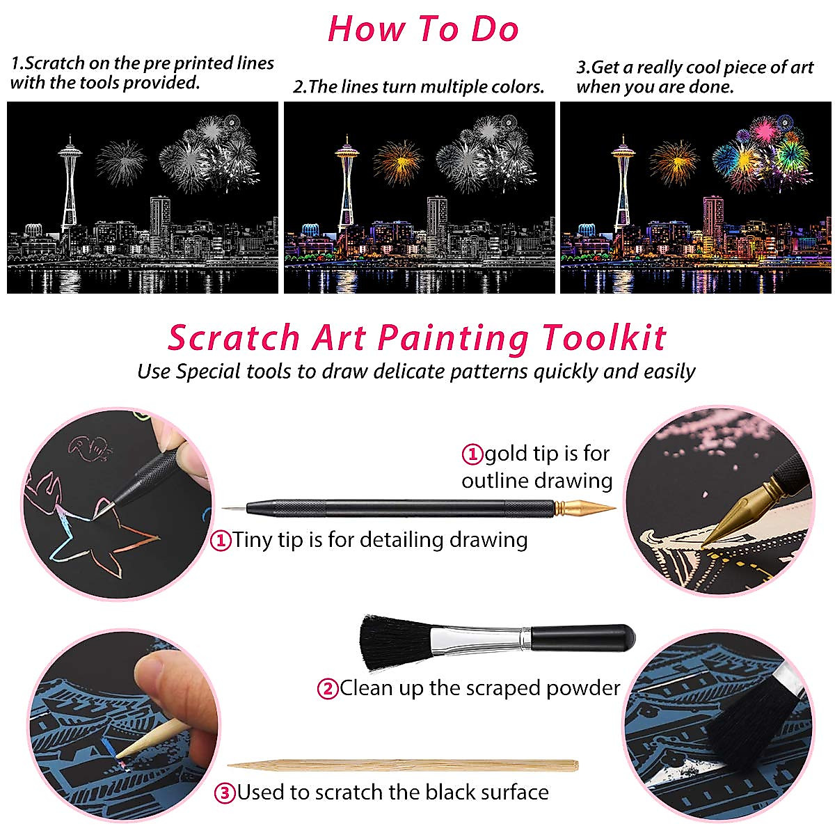 Scratch Art for Teens & Adults, Rainbow Engraving Painting Landscape Scratchboard(A4) Crafts Set: 8 Sheets with 4 Tools - New York, Statue of Liberty, Golden Gate Bridge, Manarola (America/Europe)