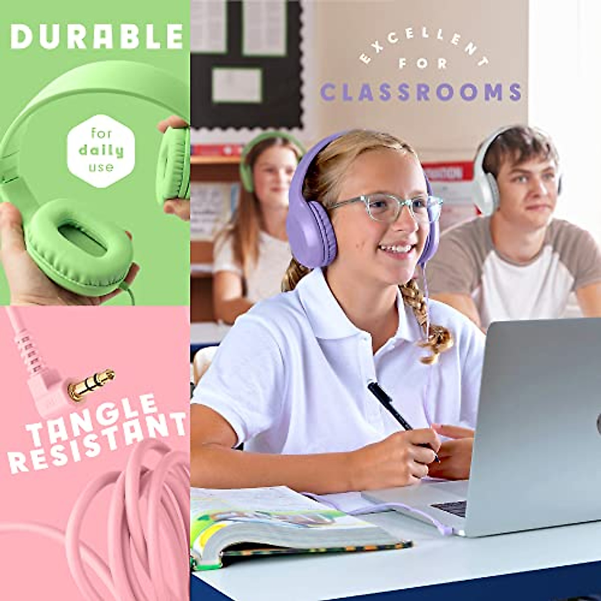 Sonitum Kids Headphones for School Bulk Set 5-Pack On-Ear, 3.5mm, Wired Headphones for Schools & Libraries – Adjustable, Cushioned Wired Kids Headphones – School Headphones for Kids, (Mixed Colors)