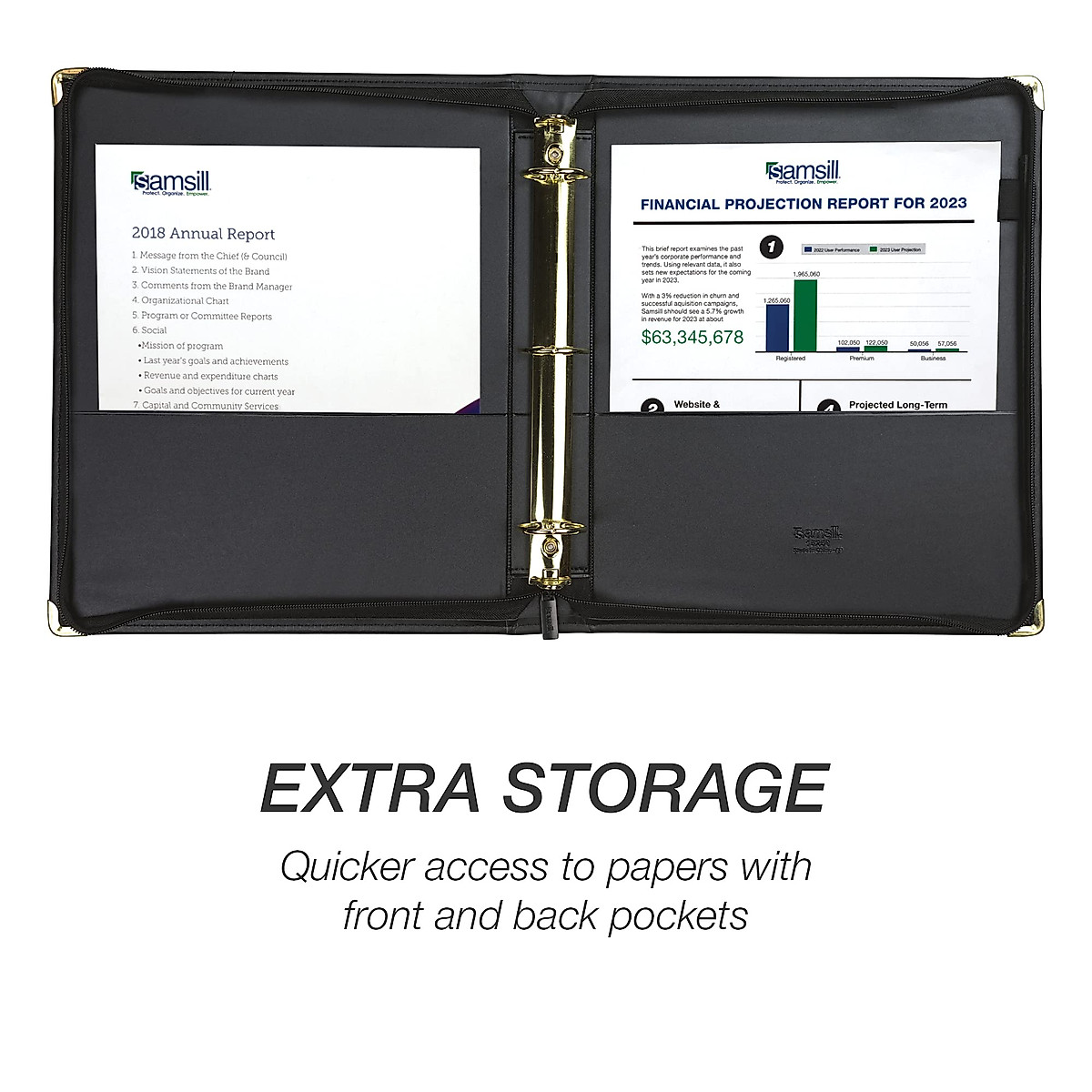 Samsill Classic Professional Binder, 3 Ring Binder with 1.5 Inch Brass Round Rings and Zipper Closure, Portfolio Binder, Brass Corner Accents, Black