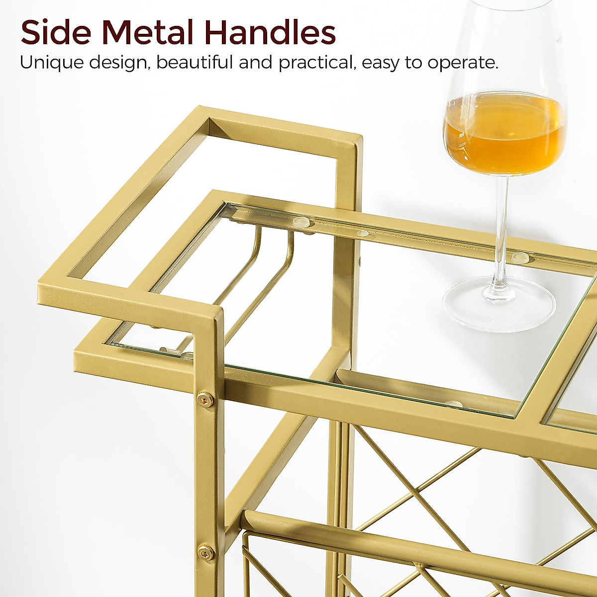 MAHANCRIS Gold Bar Cart, Home Bar Serving Cart, 3 Tier Drink Cart with 7 Wine Bottle Racks, Glass Holders, Beverage Cart on Wheels for Kitchen, Bar, Dining Room, Living Room, Outdoor, Glass, RCJ50B01