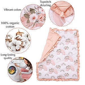 Noisy Mouse - Boho Rainbow, Premium, 100% Organic Cotton 4-Piece Baby Nursery Bedding Crib Set | Baby Comforter | 2 X Fitted Crib Sheets | Crib Skirt (Peach, Teal, White)