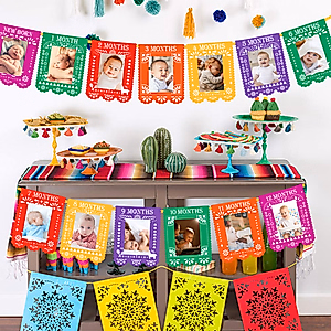 Kreatwow Mexican Photo Banner Fiesta Monthly Banner Papel Picado for 1st Birthday Party Decorations from Newborn to 12 Month