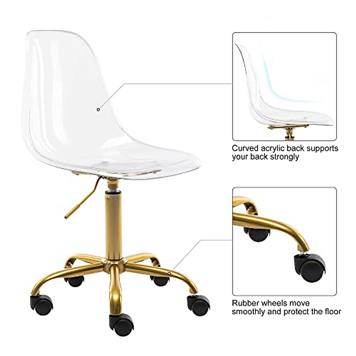 HOMEFUN Clear Rolling Chair, Armless Acrylic Desk Chair with Golden Feet Swivel Molded Plastic Shell Chair Adjustable Home Office Chair with Wheels, Clear