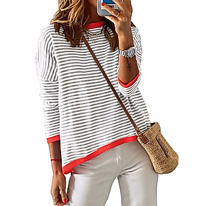 Dokotoo Summer Tops for Women 2025 Fashion Spring Crewneck Long Sleeve Clothes Tops Casual Striped Color Block Womens Pullover Sweater Clothing Gray Large