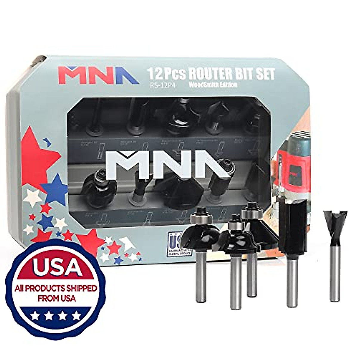 MNA Router Bit Set 12 Pieces 1/4 Inch Shank, European Style Router Bits Kit 12P, Carrying Case